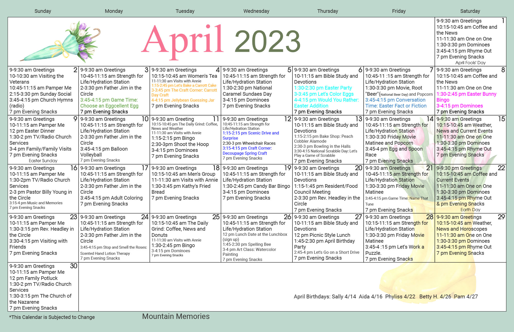 Resident Activity Calendars - Mountain Memories