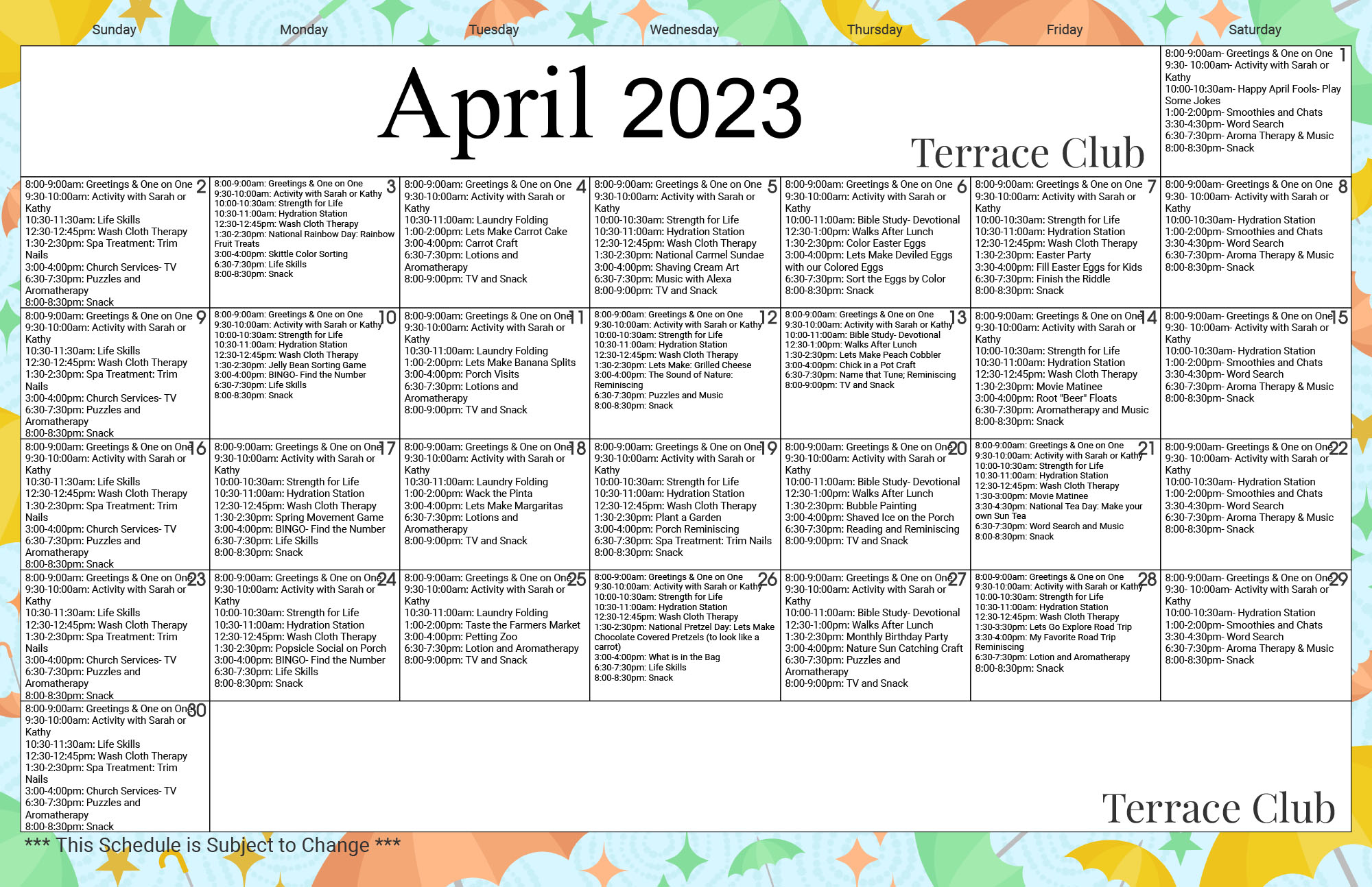 Resident Activity Calendars - Mountain Memories