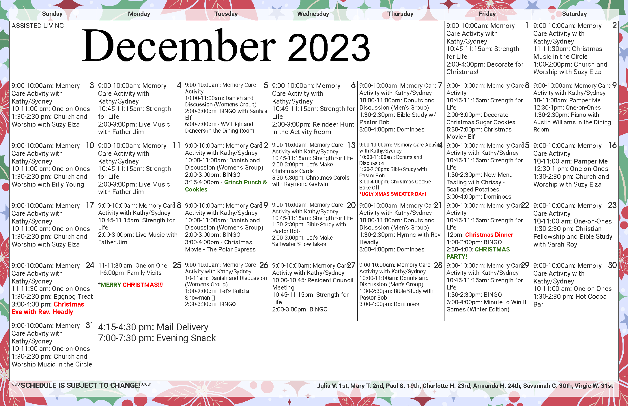 Resident Activity Calendars - Mountain Memories
